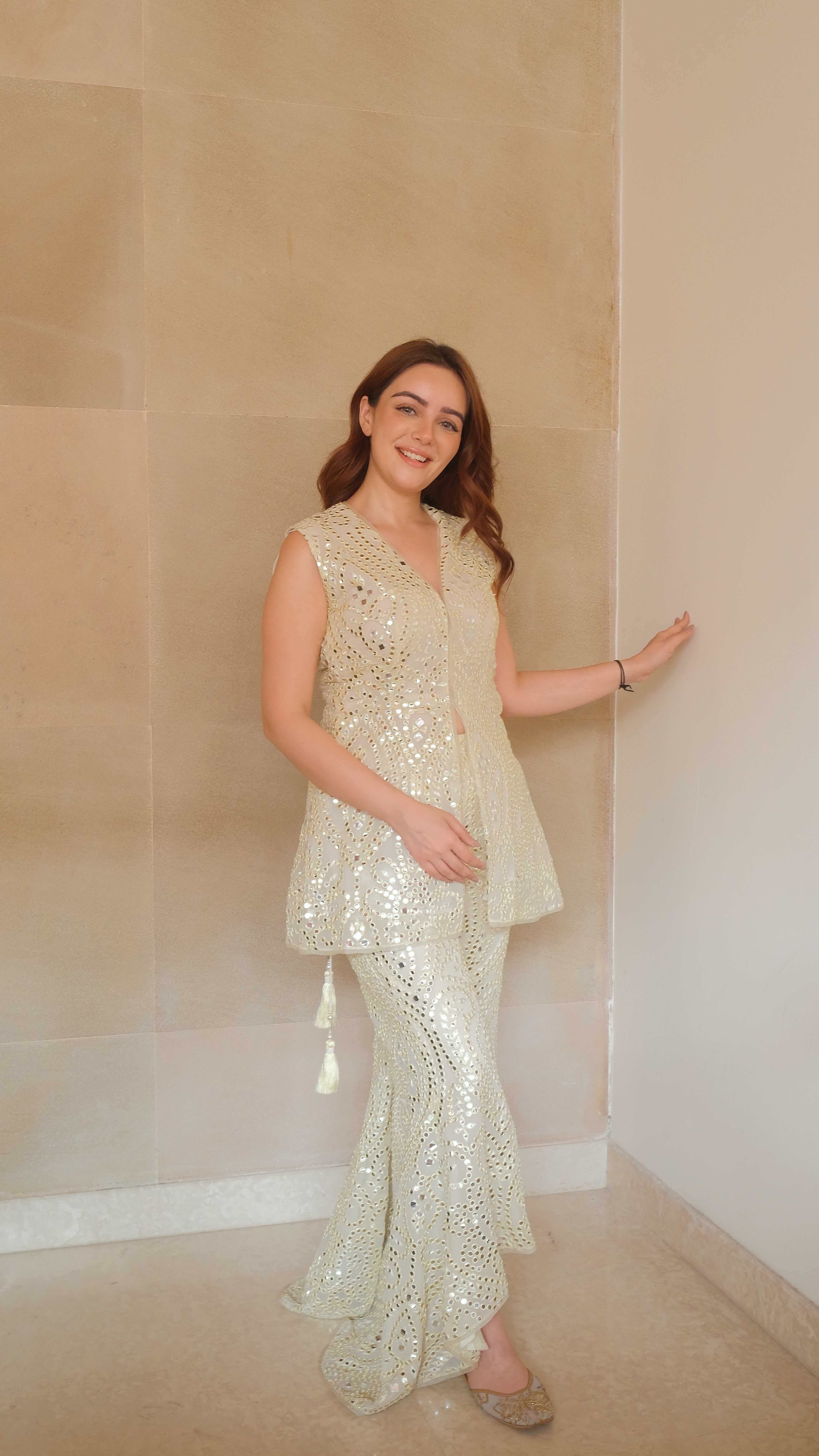 Simran Kalra in Our Mirrorwork Scallop Peplum Jacket and Pant Set – 29india